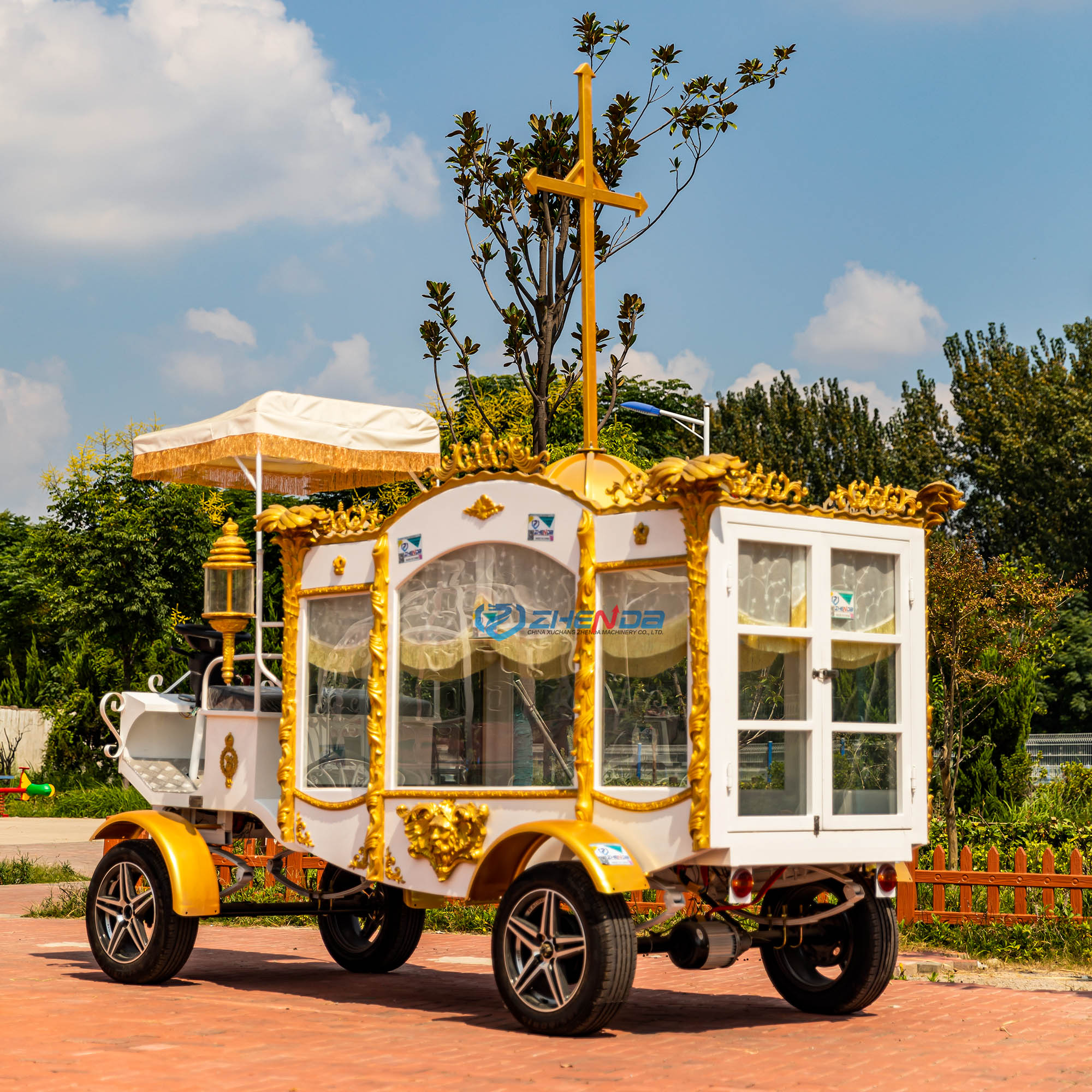 Luxury Coffin Trailer Electric Hearse Car White gold cross Funeral car ...